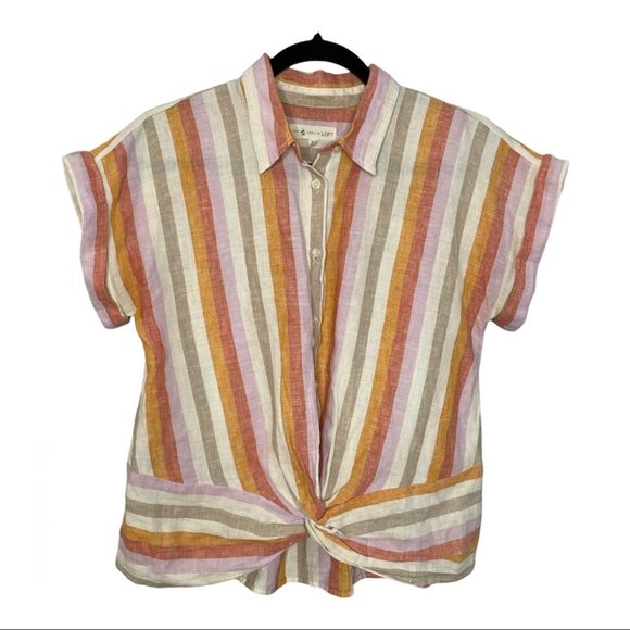 Lou & Grey | Tops | Lou Gray Linen Orange Stripe Tie Front Button Down ...